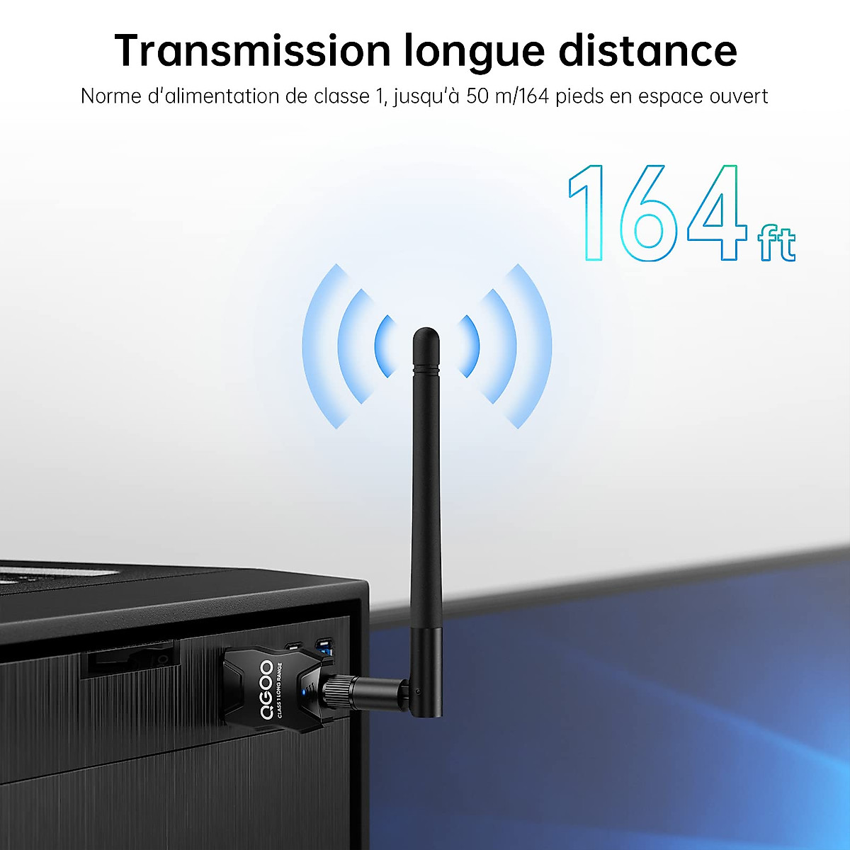 Long Range Class 1 Bluetooth Adapter, QGOO USB Bluetooth Adapter for PC 5.0+EDR, Bluetooth Dongle Wireless Bluetooth Receiver for Speaker, Keyboard, Headphones, Support Win10/8.1/8/7, grey
