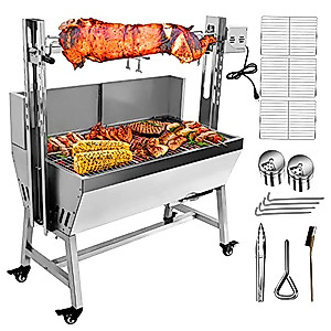 Migoda Stainless Steel Rotisserie Grill with Back Cover Guard, 25W Motor Small Pig Lamb Rotisserie Roaster, 37'' 2 in 1 BBQ Charcoal Rotisserie Grill for Camping Outdoor Kitchen