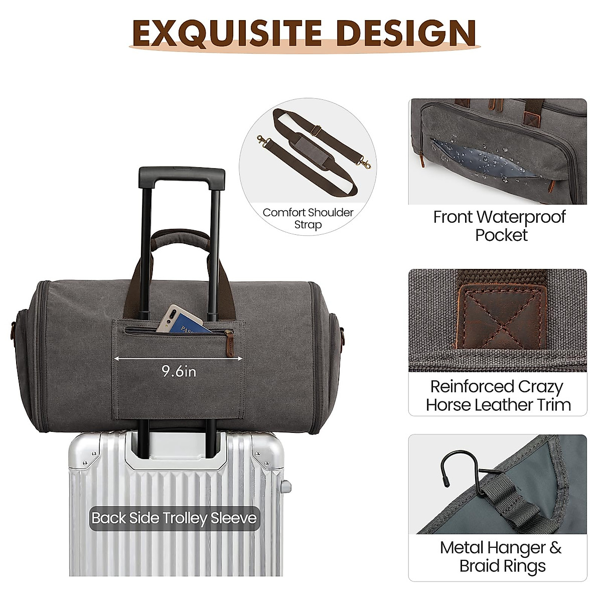 S-ZONE Carry On Garment Bag for Travel Convertible Garment Duffle Bag Suit Bags for Men Women Travel 2 in 1 Hanging Suitcase Business Travel Bag with Toiletry Bag, Gery, 50l