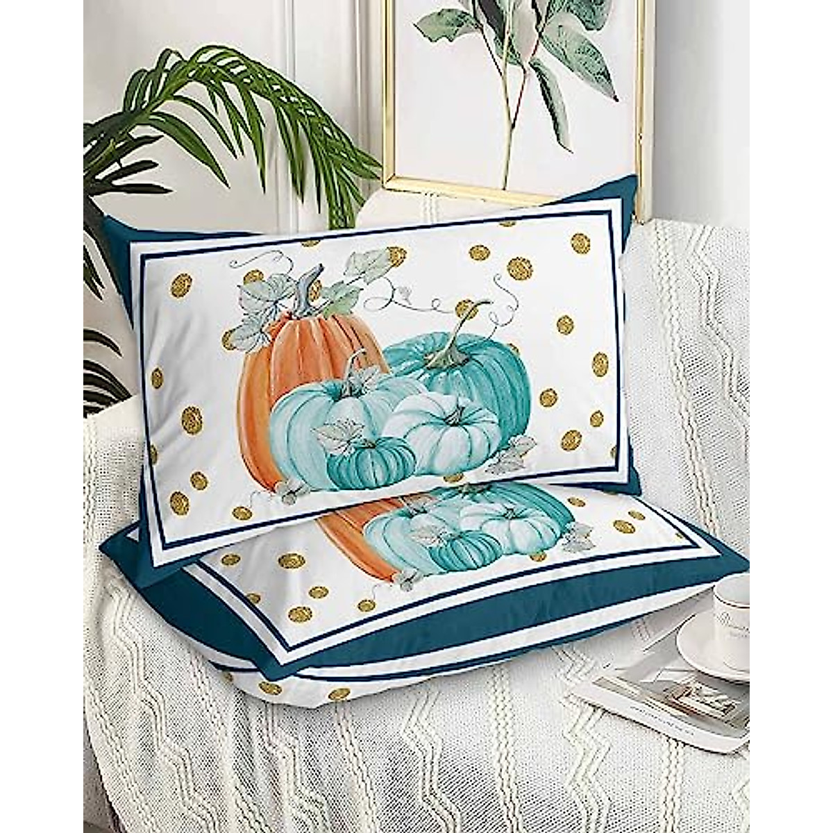 Thanksgiving Pillow Covers King Standard Set of 2 Bed Pillow, Fall Pumpkin Yellow Polka Dots Navy Blue Lace Plush Soft Comfort for Hair/ Skin Cooling Pillowcases with Envelop Closure 20''x36''