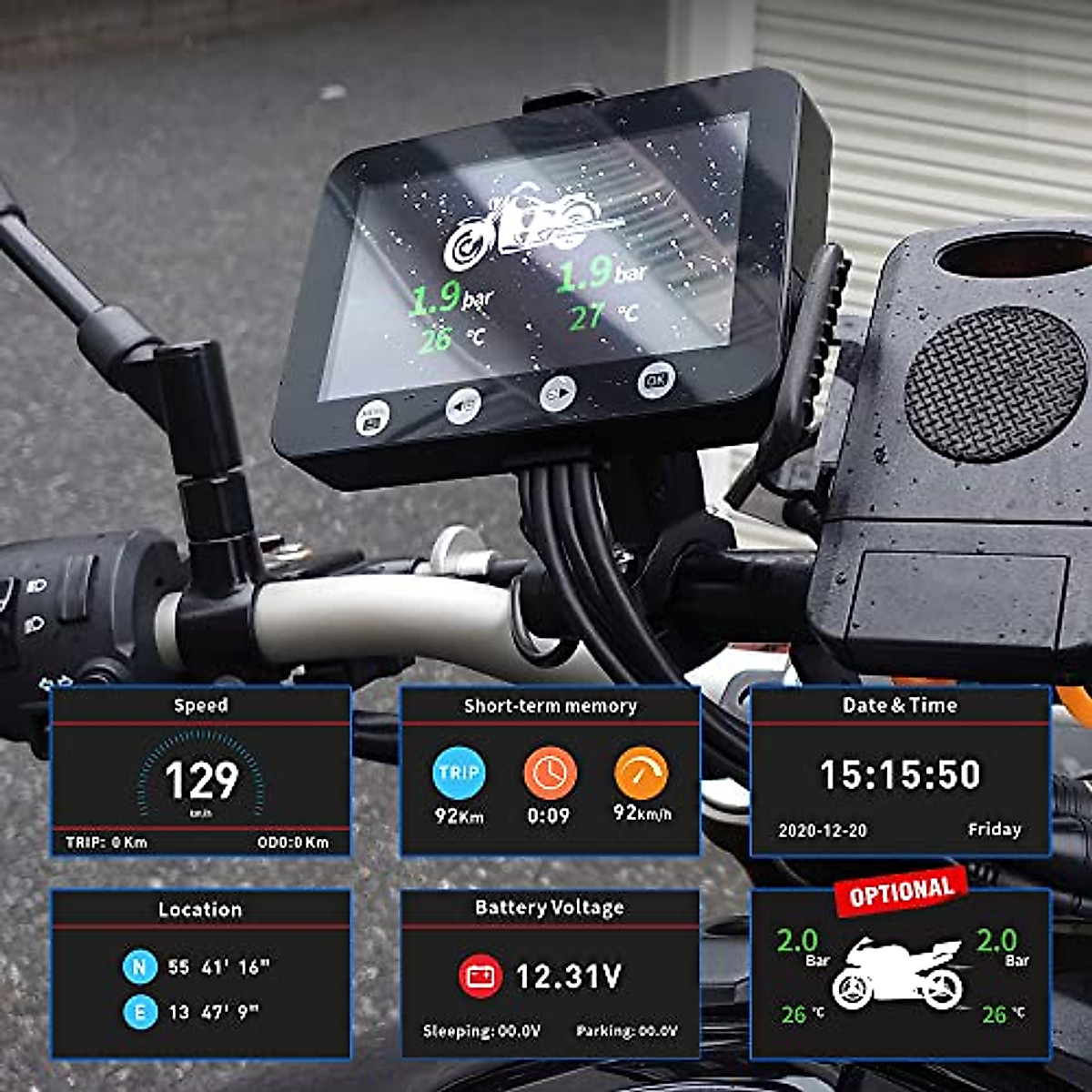 VSYSTO F4.5X Motorcycle Dashboard Camera Recorder 4.5'' LCD Waterproof with Front & Rear View Dual 1080P Sony Starvis 170° Angle Lens, Support TPMS Smart Gauge Voltmeter WiFi GPS(64GB Card Included)