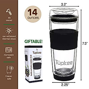 Tupkee Double Wall Glass Tumbler - 14-Ounce, All Glass Reusable Insulated Tea/Coffee Mug & Lid, Hand Blown Glass Travel Mug - Black