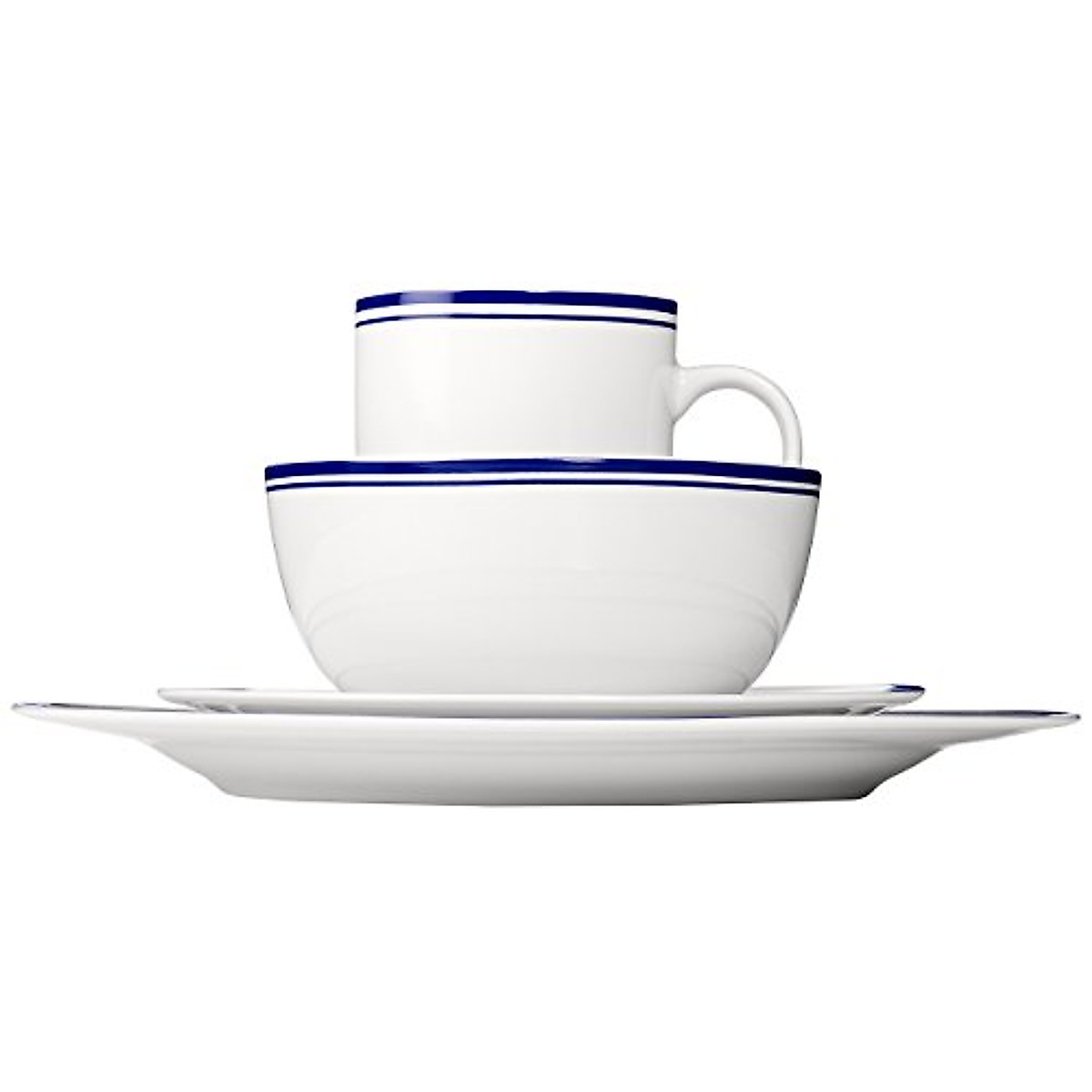 Amazon Basics 16-Piece Cafe Stripe Kitchen Dinnerware Set, Plates, Bowls, Mugs, Service for 4, Blue