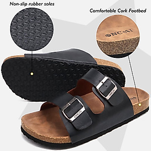 ONCAI Mens Sandals,Beach Arch Support Slides Cork Footbed Slippers with Adjustable Buckle Straps Black Size 11