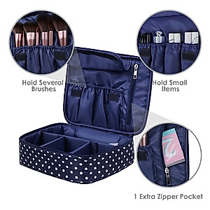 Narwey Travel Makeup Bag with Brush Compartments，Portable Cosmetic Bag，Make up Bag Makeup Organizer Case with Brush Storage for Women(Blue Polka Dot)