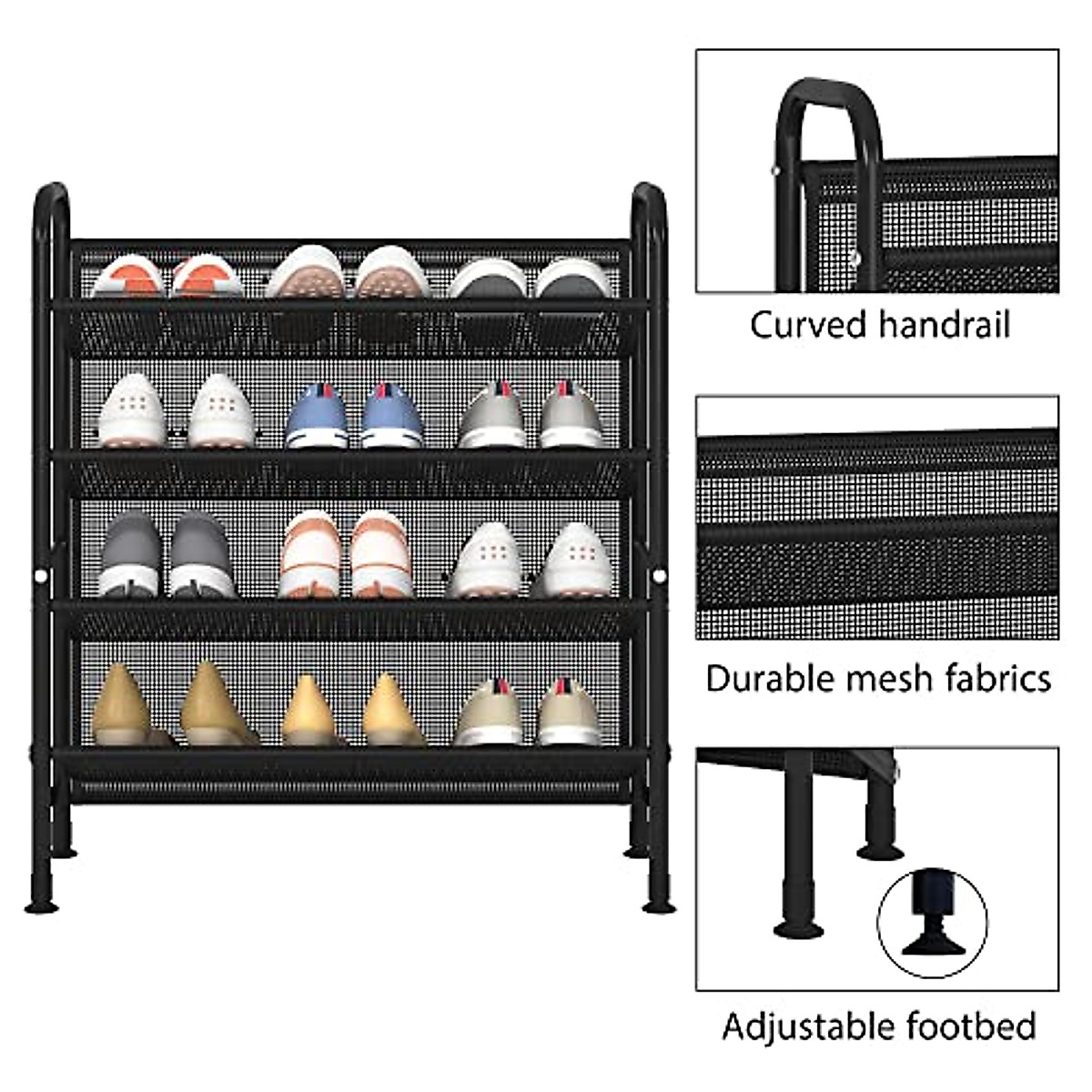 FKUO 4 Tier Shoe rack for closet Mesh fabric narrow Metal shoe racks, Space saving Small Shoe Storage Organizer Shelf for Entryway, Hallway, Dorm Room (Black, 4-Tier)