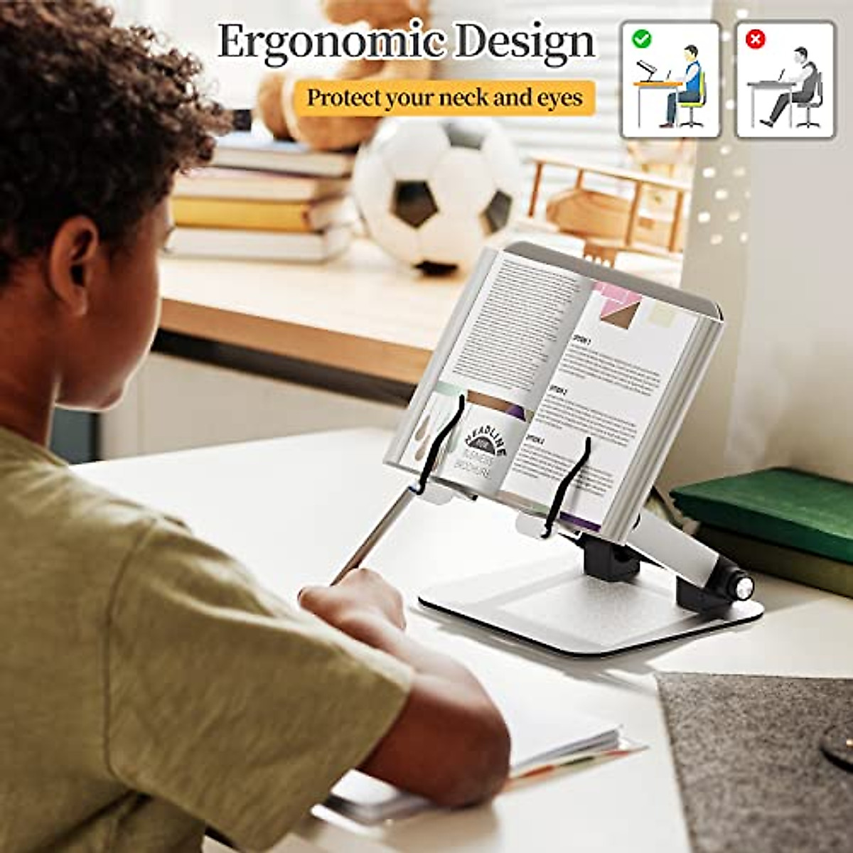 Book Stand for Reading, Grathia Adjustable Book Holder with Page Clips & Multi Heights Angles, Aluminum Ergonomic Desk Page Holder Foldable Book Stands Holder for Textbook Recipe Music Tablet (12'')