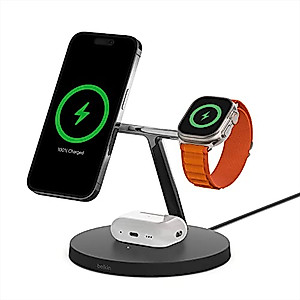 Belkin MagSafe 3-in-1 Wireless Charging Stand - 2ND GEN w/ 33% Faster Wireless Charging for Apple Watch - iPhone 14, 13 & 12 series & AirPods - MagSafe Charging Station For Multiple Devices - Black