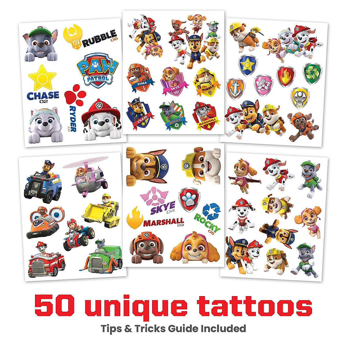 Savvi - 50 Paw Patrol Temporary Tattoos: All Characters, Skin-Safe Ink, Great for Birthday Parties, Gifts for Boys and Girls Ages 4-12+, Made in the USA [6 sheets, 50 count]