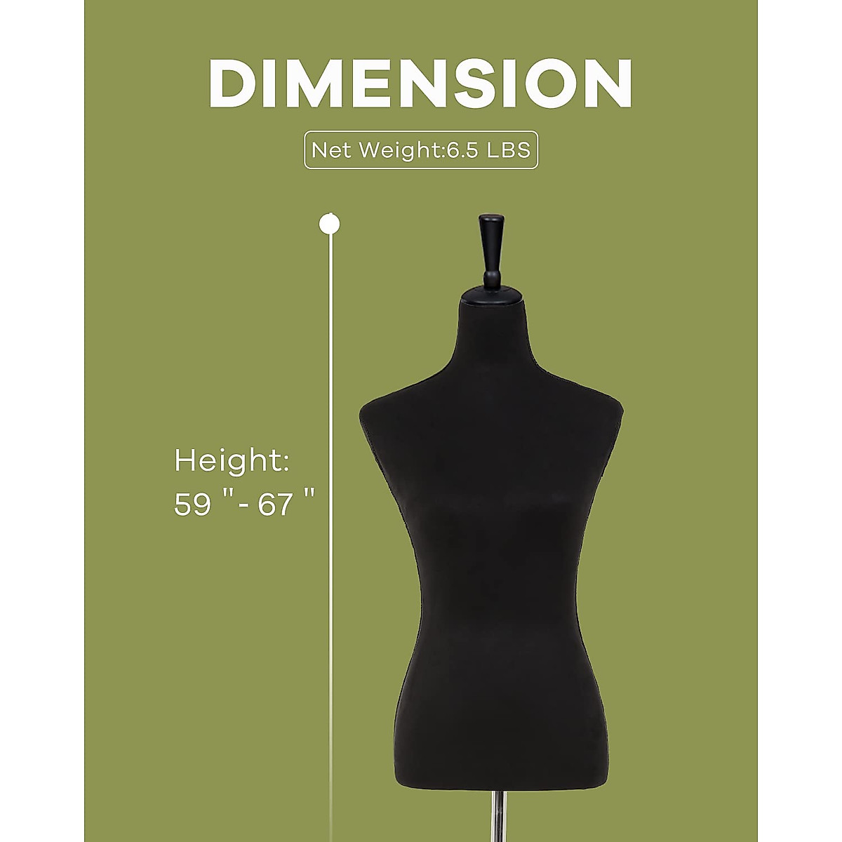 HCY Female Mannequins Torso Dress Form Mannequin Stand for Display 60"-67" Height Adjustable for Sewing Wooden Base, Fiberglass Body(Black)