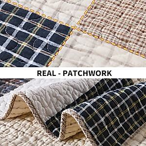 PERHOM 100% Cotton King Size Quilt Set - Lightweight Bedding Set, Real-Patchwork Plaid Pattern Printed Farmhouse Bedspreads, Soft Reversible Coverlet Comforter for All Season, 3 Pieces