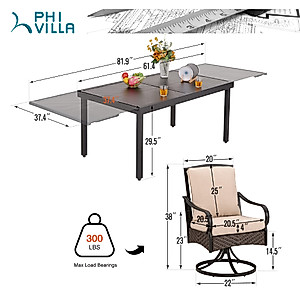 PHI VILLA 7-Piece Outdoor Patio Table and Chairs Set Heavy Duty Furniture Dining Set with 6 Large Swivel Chairs, 1 6/8 Person Extendable Rectangular Metal Table for Deck Garden Yard