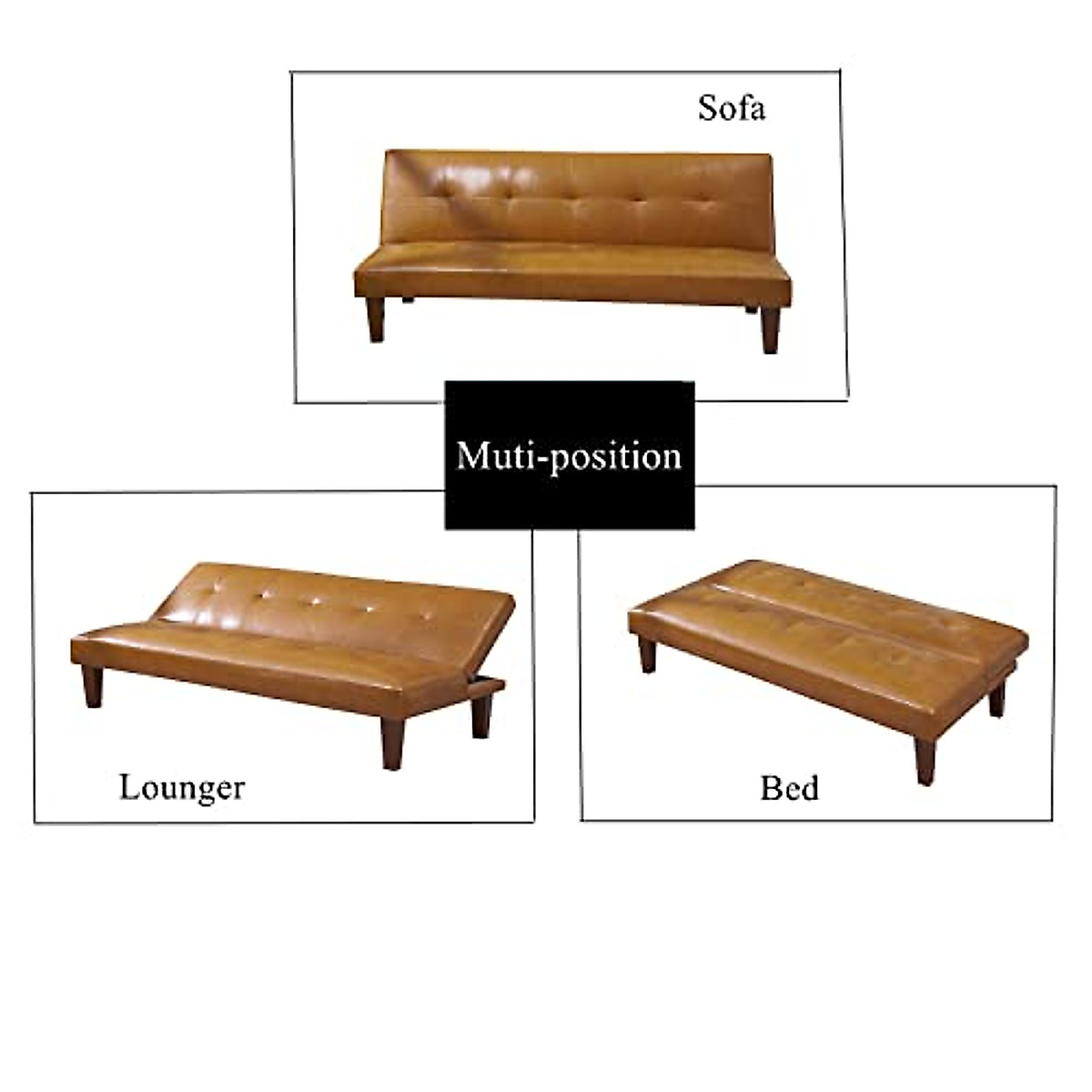 Audrey Living Futon Sofa Bed, Upholstered Modern Convertible Sleeper Sofa Couch Faux Leather for Small Living Room, Apartment, Dorm, Square Legs, 69”W (Tan)