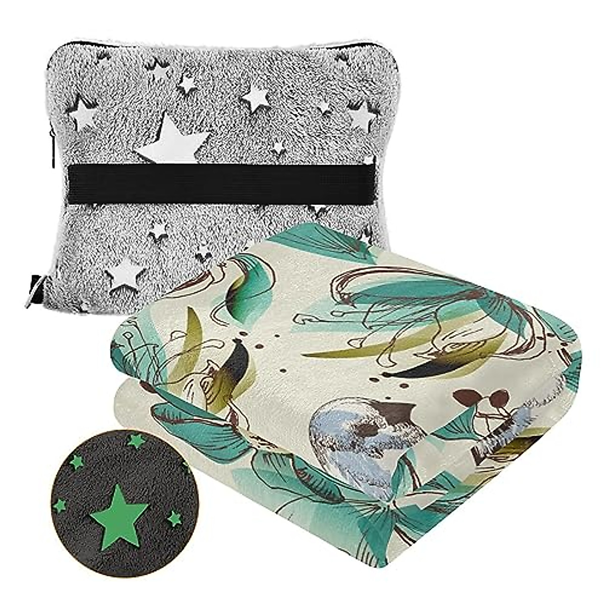 Joko Ivery Flowers Birds Premium Soft Travel Blanket Pillow Airplane Blanket with Hand Luggage Belt & Backpack Clip Car Blanket 2 in 1 for Home Train Bus Airplane