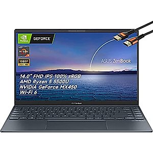 Thin & Light ASUS Zenbook 14.0" FHD IPS Laptop, AMD Ryzen 5 5500U, NVIDIA GeForce MX450, Wi-Fi 6, HD Webcam, Backlit KB, USB-C, HDMI, Windows 11 (8GB RAM | 512GB PCIe SSD)