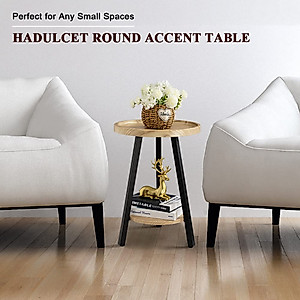 Hadulcet Accent Table, Small Round Side Table Round Nightstand for Small Space, Wooden Shelves & Metal Legs, Natural Wood Color