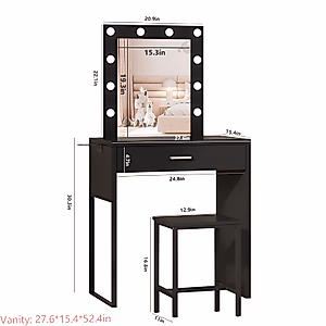 Titoni Makeup Vanity Desk with Mirror and Lights, Black Vanity Table and Chair Set, Brightness Adjustable, Small Vanity for Girls' Bedroom