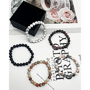 SROBENZ 5PCS Semi-Precious Gemstone Bracelets | Healing Crystal Stone Beaded Bracelets for Women Men 8mm Round Beaded Stretch Bracelets Unisex Stress Relief Yoga Bracelets Gifts(A)