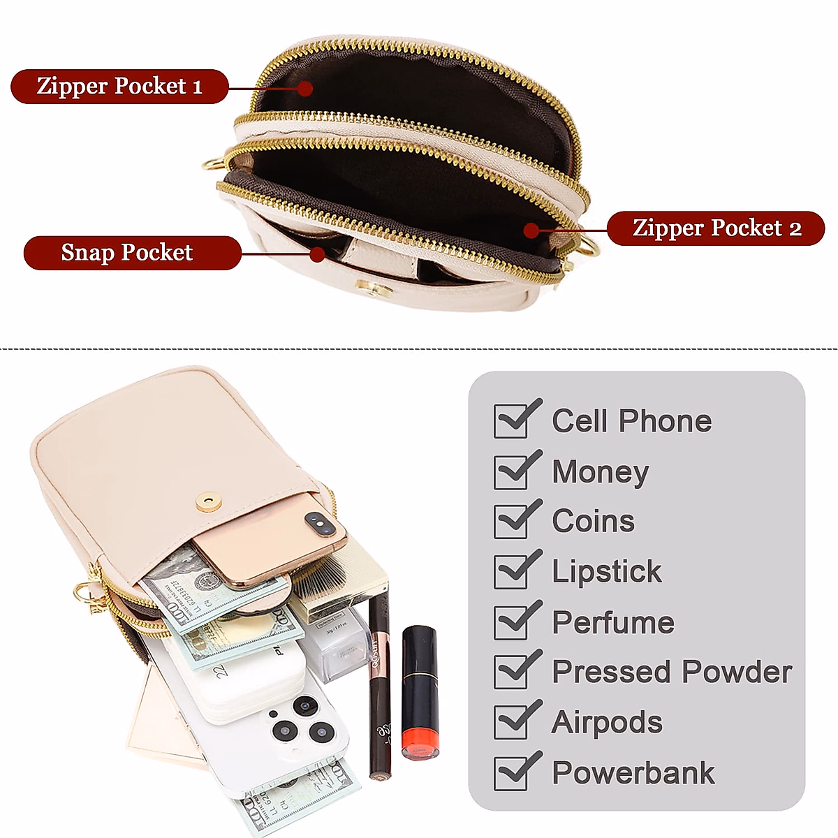 Sunwel Fashion Triple Pockets Lightweight Cell Phone Small Purse Travel Crossbody Bag with Zipper Phone Holder for Women Girls (white)