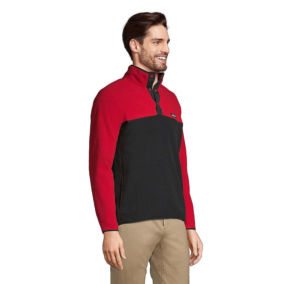Lands' End Mens Snap Neck Fleece Pullover Black/rich Red Regular Medium