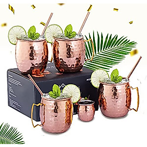 ARTISANS VILLAGE Moscow Mule Mugs | Set of 4 | 100% Pure Copper Solid Mugs | Gold Brass Handles | Size 16 oz | BONUS: Premium Straws and Shot Glass