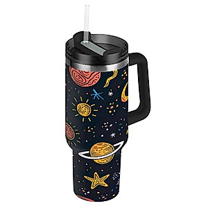 FRCSDIY Cartoon Planet Insulated Tumbler with Handle and Straw Lid,30oz Leakproof Stainless Steel Cup BPA-Free Water Bottle