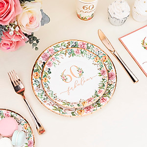 Crisky 60th Birthday Napkins and Plates for Women Rose Gold Floral Party Decoration, 60 and Fabulous Plates and Napkins for Women 60th Birthday.