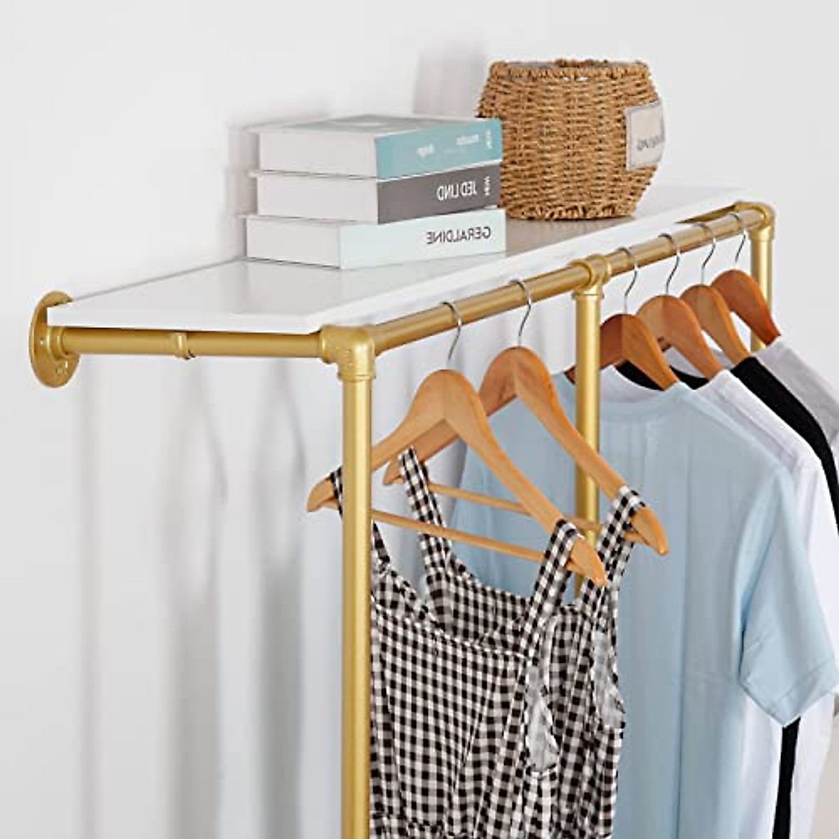 WJJAYY Wall Mounted Industrial Pipe Clothing Rack Wood Garment Rack Hanging Clothes Rack Multi-purpose Heavy Duty Hanging Rod,Steampunk Clothes Rack Retail (64 x49 inch,Gold)