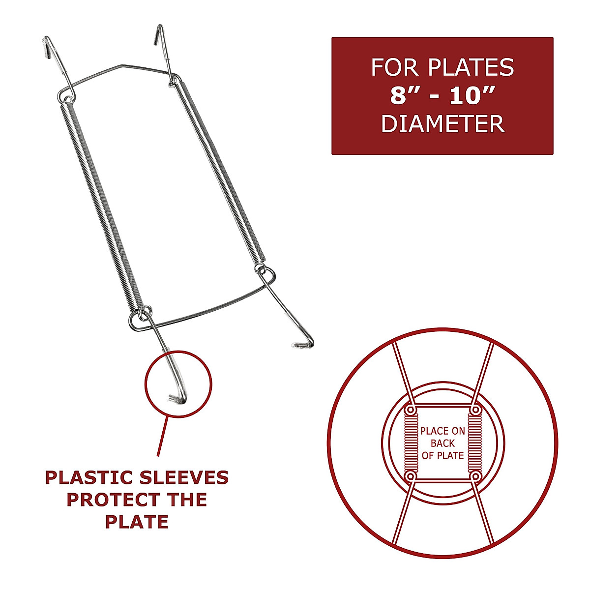 BANBERRY DESIGNS Chrome Vinyl Coated Plate Hanger 8 to 10 Inch - Set of 4 Pcs - Clear Vinyl Sleeves Protect The Plate - Hook and Nail Included