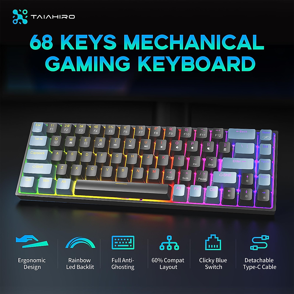 60% Percent Mechanical Gaming Keyboard, RGB Backlit 68 Keys Ultra-Compact Wired Keyboard with Detachable Type-C Cable, Full Anti-Ghost, Blue Switch Portable Mini Keyboard for Windows PC Mac Xbox Gamer