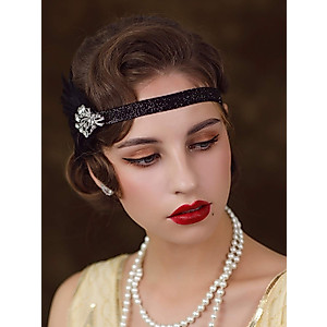 SWEETV 1920s Flapper Headband, Feather Great Gatsby Headpiece, Roaring 20s Vintage Hair Accessories, Black