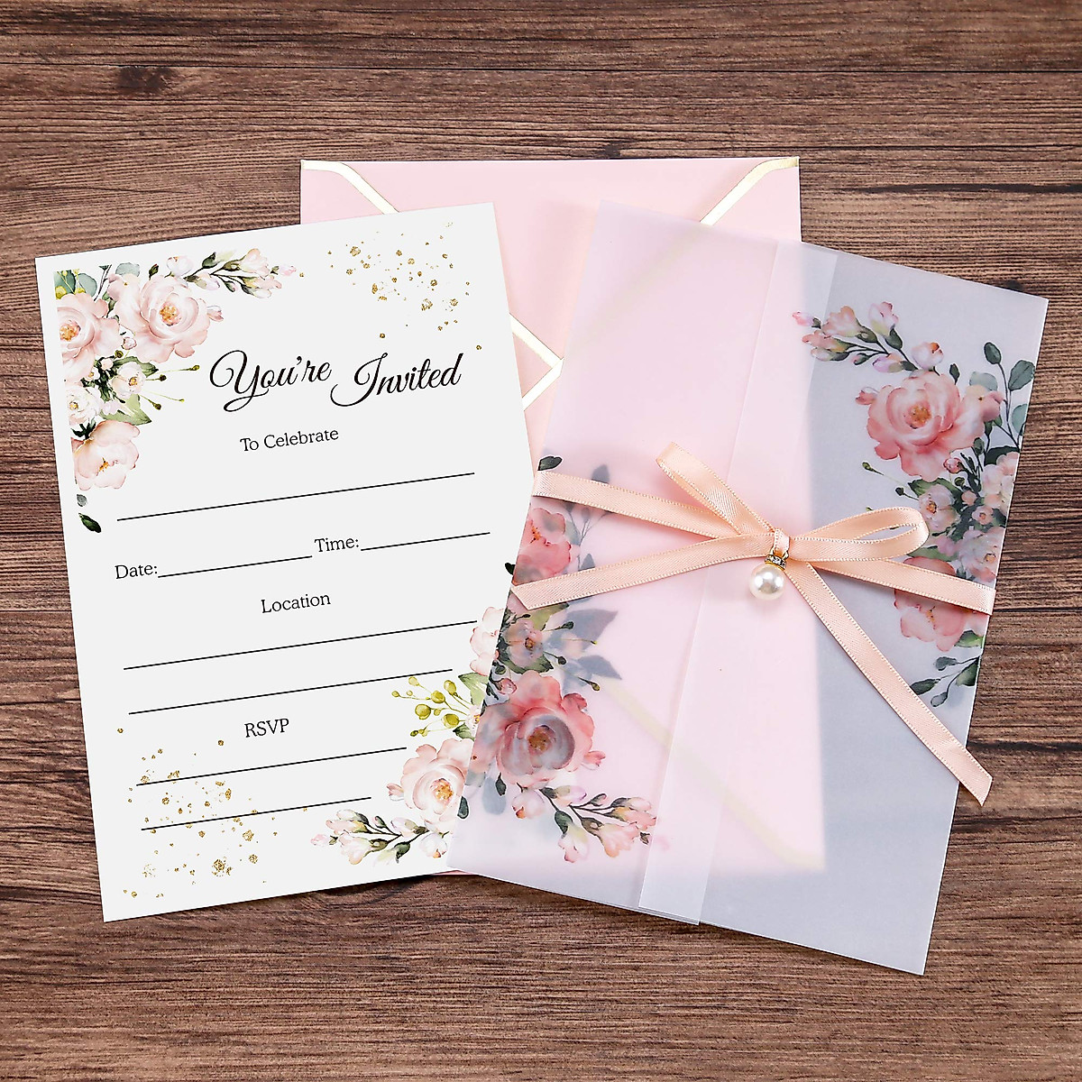 DORIS HOME 25PCS Pink Invitations Cards with Envelopes and Fill-in Inner Sheets for Bridal Shower Invite, Baby Shower Invitations, Wedding, Rehearsal