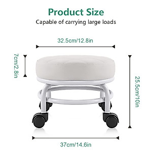 FURWOO Low Roller Seat PU Leather Rolling Stool Step Stool Mechanic Stool on Wheels for Home Office Garage Shop White