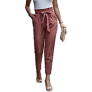PRETTYGARDEN Women's Casual Long Pants High Waist Belted Paper Bag Work Pant Trousers with Pockets (Brick Red,Small)
