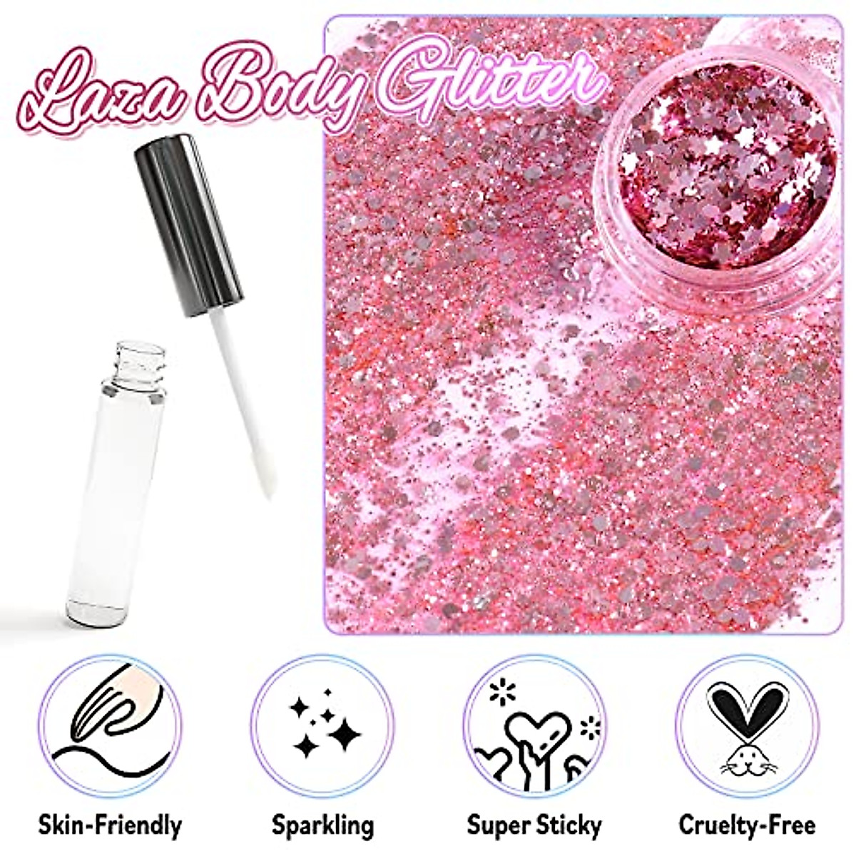 Laza Body Glitter, 2 Jars Iridescent Chunky Sequins with Glitter Glue Perfect for Women Eyeshadow Makeup Face Paint Festival Rave Outfits Hair Concert Accessories Carnival Party Costumes - Pink