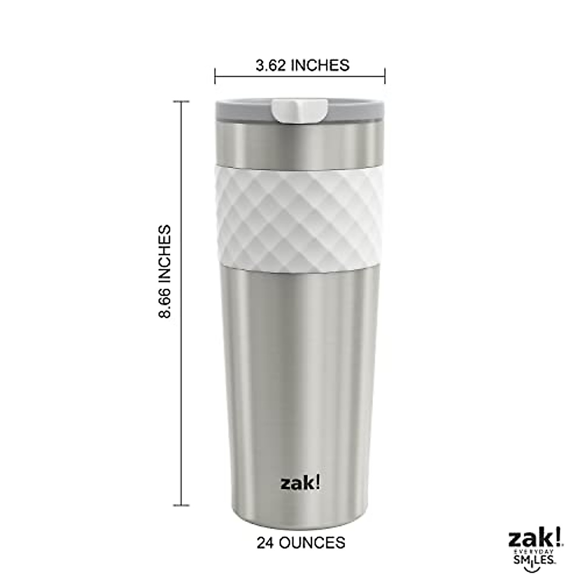 Zak Designs Aberdeen Vacuum Insulated 18/8 Stainless Steel Travel Tumbler with Leak-Proof Click Lid and Silicone Wrap, Fits in Car Cup Holders (Non-BPA, 24 oz, White)