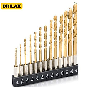 Drill Bit Set Titanium Coated Quick Change HEX Shank Drill Bit Set for Wood Soft Metal Plastic Improved Design 1/16” to 1/4” Holder Included Twist Drill Bit Set High Speed Steel