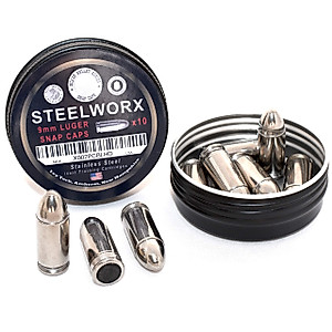 Steelworx 9mm Stainless Steel Snap Caps/Dry Fire Training Rounds (10x Silver)