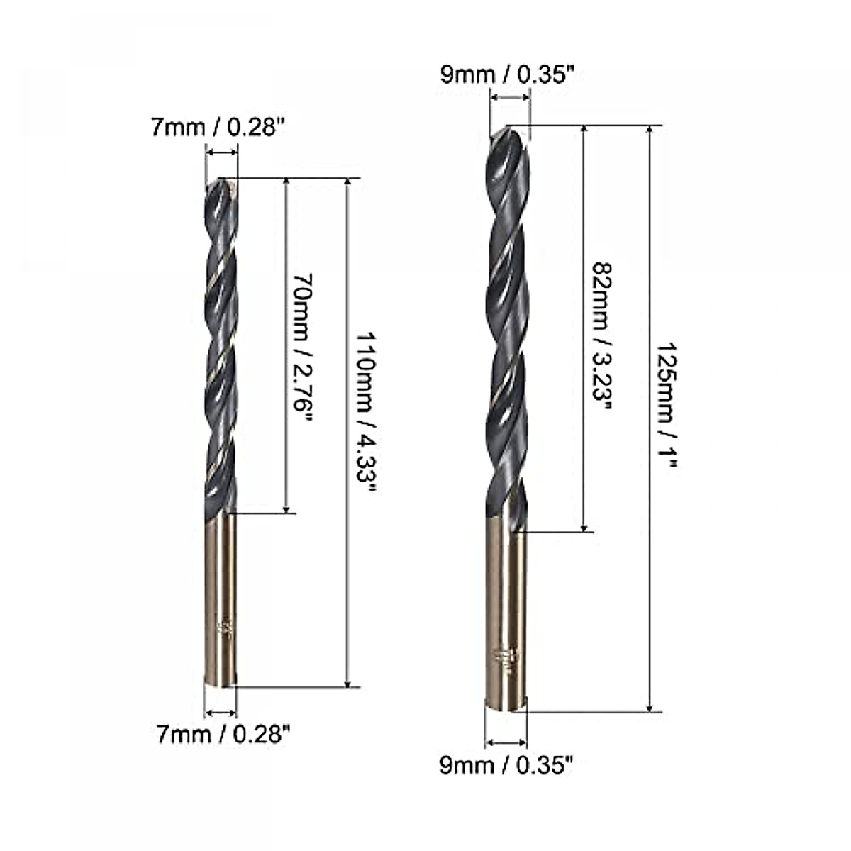 uxcell Drill Bits Set 7mm 9mm, Titanium Nitride Coated High Speed Steel 4341 Straight Round Shank Drilling Cutter for Stainless Steel Alloy Copper, 4pcs