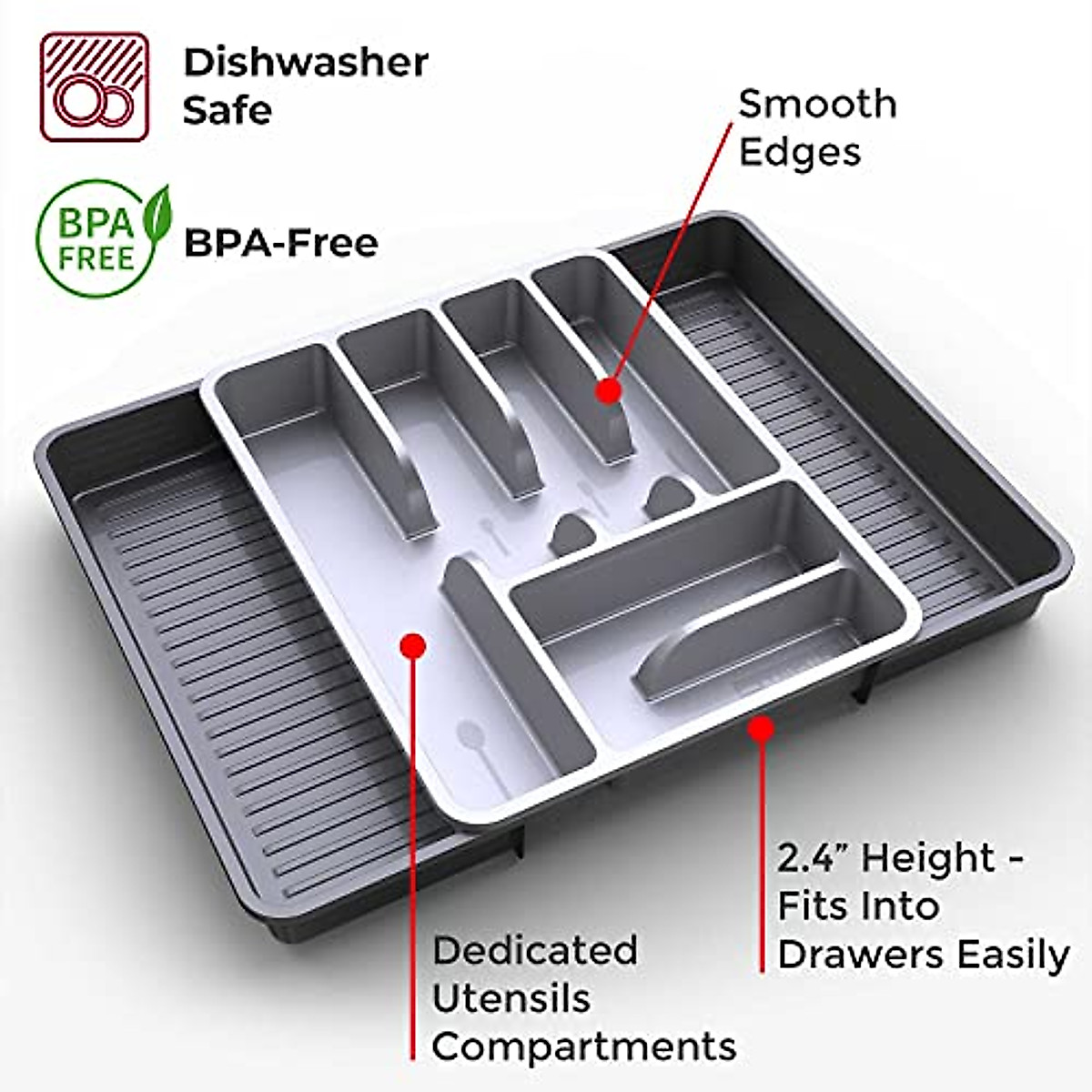 Mueller Large Flatware Kitchen Drawer Organizer, Expandable 19.7" x 15" Silverware Organizer, 6 Compartments, Heavy-Duty, Cutlery Tray for Utensils or Stuff, Dining Room, Living Room, Grey