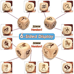 Hometu 2 Pairs/Set Zodiac Constellation Dice Set - 2Pcs 20MM + 2Pcs 30MM Engraved Wooden Astrological Dices for Divination Accessory (V1(20MM)+V1(30MM)), Wood
