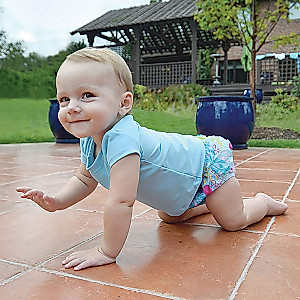 i Play by Green Sprouts Girls Reusable Absorbent Toddler Swim Diapers - Swimming Suit Bottom | No Other Diaper Necessary Aqua Coral Reef 3T