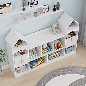 Vabches Kids Bookcase and Toy Storage Cabinet, Children Bookshelf, Castle Shape, Playroom Furniture Multipurpose Shelf for Toddlers to Organize Toys and Books Magic Castle, Cool White