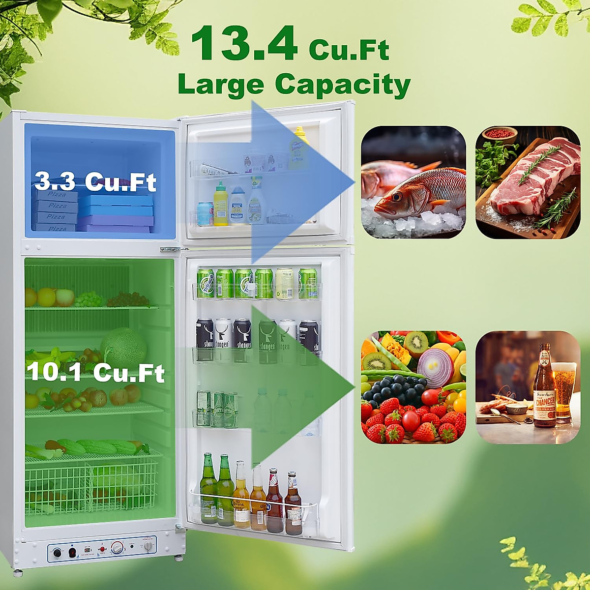 SMETA Propane Refrigerator with Freezer 13.4 cuft Gas Fridge 110v/LPG Dual Ways Top Freezer Top Mount Full Size for Kitchen Garage RV Off-Grid