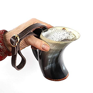 Mythrojan Hot Horn Mug Tankard with Leather Strap Safely Holds Hot and Cold Liquids Coffee Hot Chocolate Wine Beer Mead 300ML