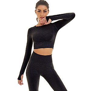 Toplook Women Seamless Workout Outfits Athletic Set Leggings + Long Sleeve Top 2 Pieces(Black, Medium)