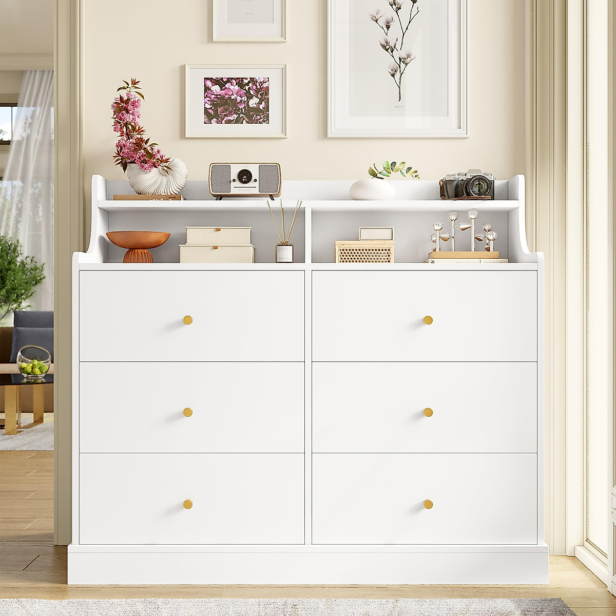 finetones 6 Drawer Dresser, White Dresser Double Dresser with Shelves, White and Gold Dresser, Wide Chest of Drawers, Dressers & Chests of Drawers, Large Wooden Storage White Dresser for Living Room