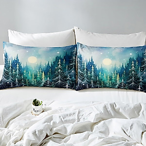 Pine Trees Christmas Duvet Cover Set Queen Size, Moonight Starry Sky Bedding Set,Boys Girls Room Decor,Pines Botanical Leaves Natural Comforter Cover,Cyan Rustic Farmhouse Quilt Cover,2 Pillowcases