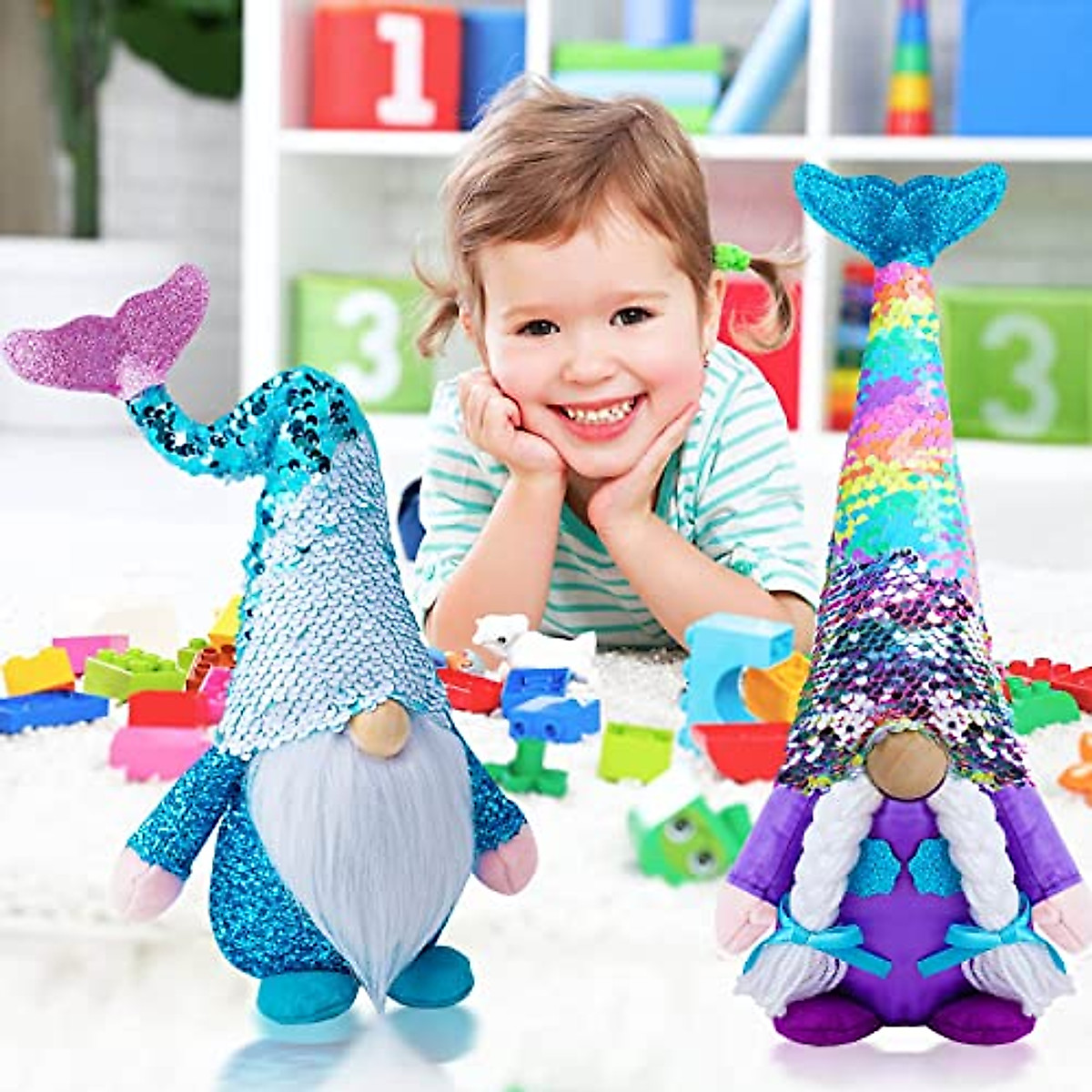 ALLYORS Sequin Summer Gnome Couple Mermaid Gnomes Beach Gnome Summer Tomte Plush Birthday Gifts Gnomes Scandinavian Decoration Shelf and Tiered Tray Decoration for Summer