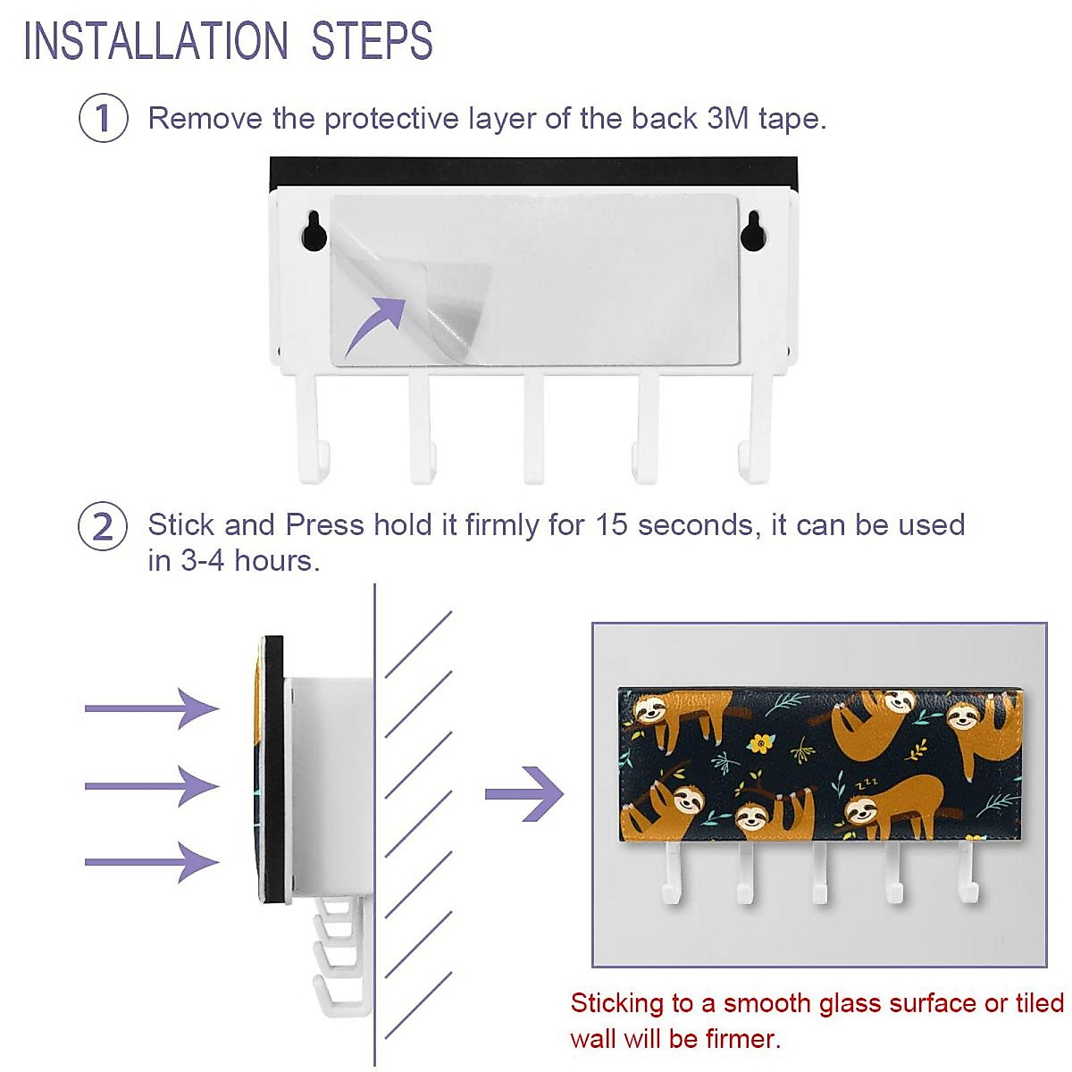 Cute Baby Sloth Sleep on Tree Key Holder for Wall with Mail Organizer, Self Adhesive Key Rack with 5 Hooks, Decorative Home Decor for Entryway Bathroom Kitchen